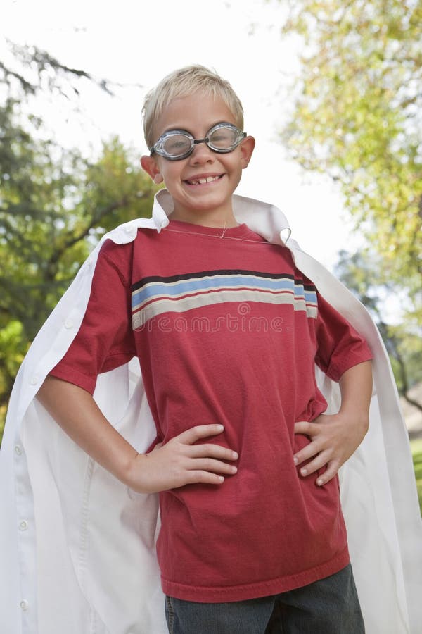 Boy Wearing Cape and Swimming Goggles Stock Photo - Image of cute, park ...