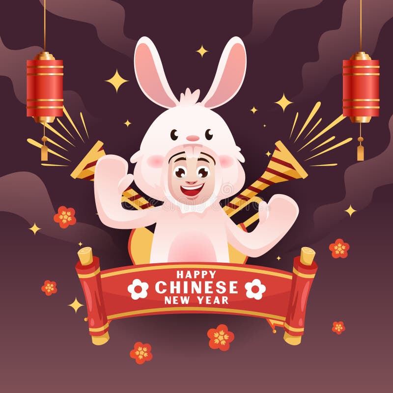 Boy Wearing Cute Rabbit Custom Celebrate Chinese New Year Stock Vector ...