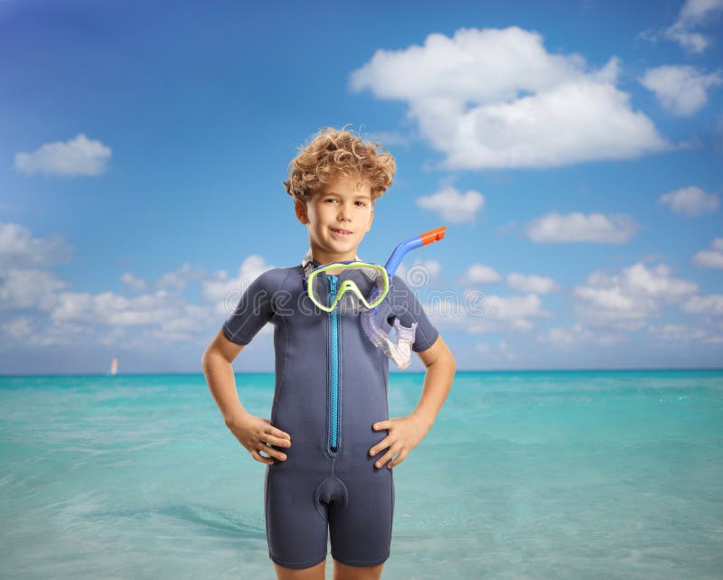 Boy Wearing a Diving Suit and Mask in Front of Sea Stock Image - Image ...