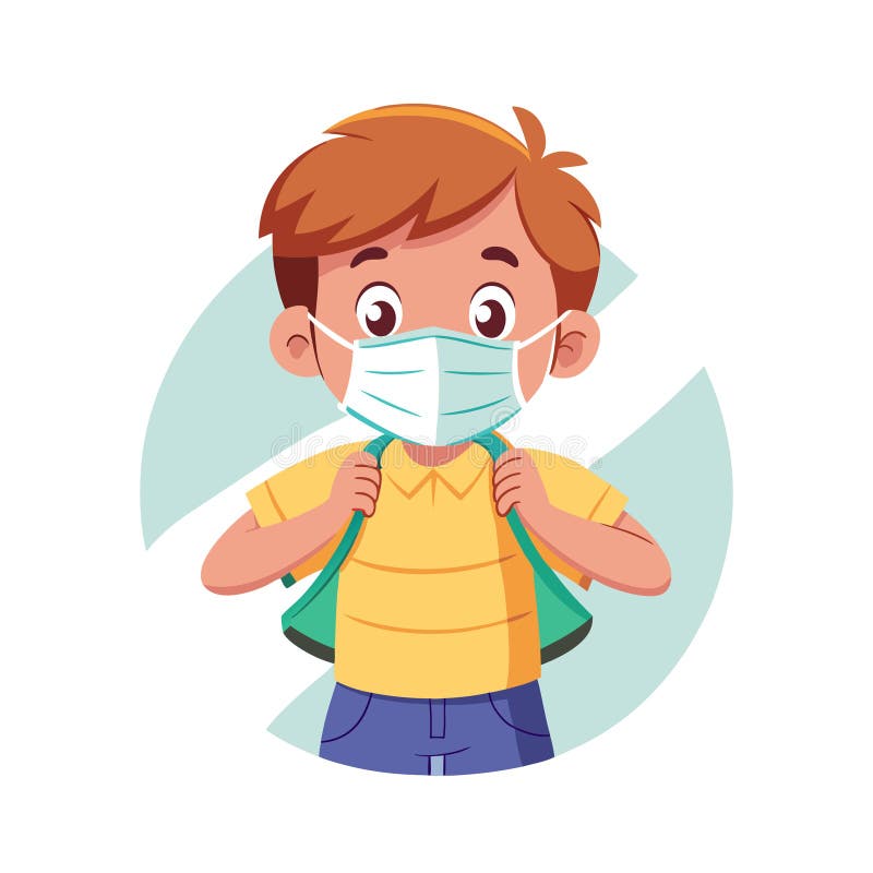 Boy Wearing Face Mask and Putting on Backpack Ready for School Stock ...