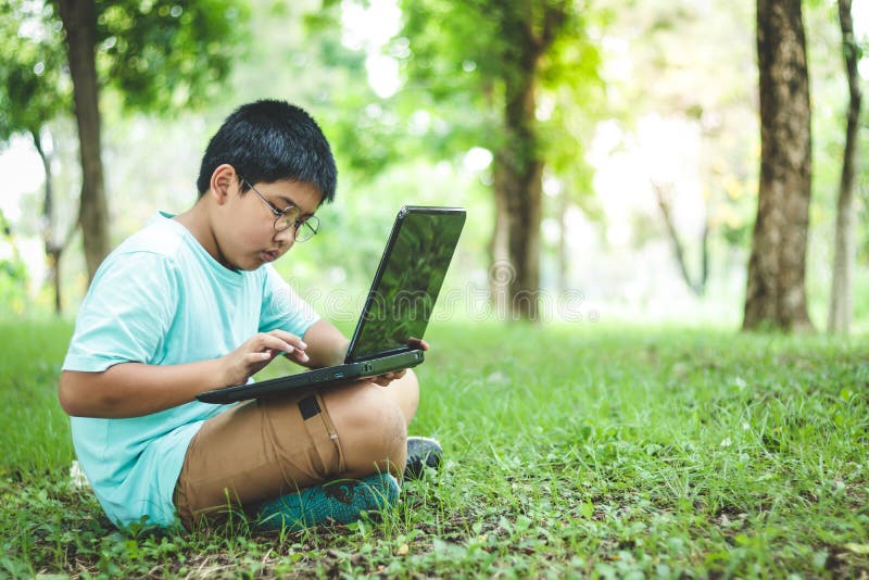 Boy Wearing Glasses, Typing Computer Stock Photo - Image of happy ...