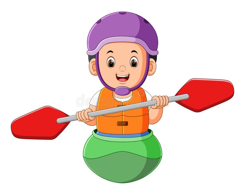 The Boy is Wearing the Helmet and Stabilize the Canoe Stock Vector ...