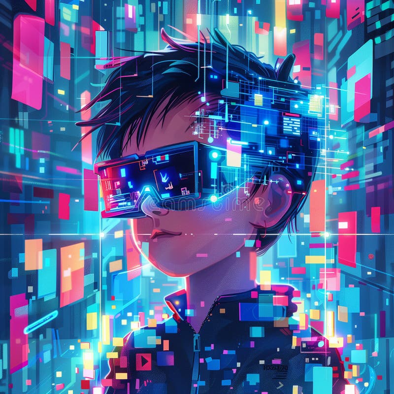 Boy Wearing Mixed Reality Glasses, in Cyberspace in the Future ...