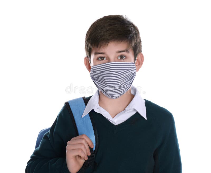 Boy Wearing Protective Mask and Backpack on White Background. Child ...
