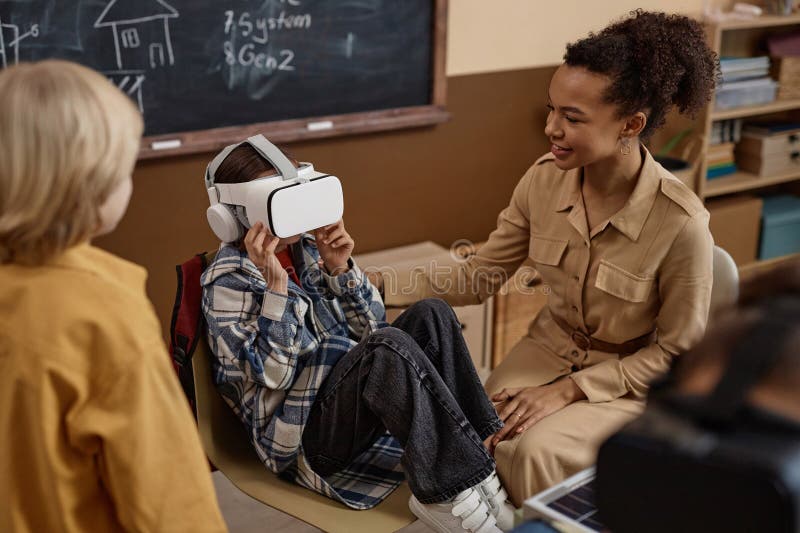 Boy Wearing VR Headset in Class Immersive Learning Experience Stock ...