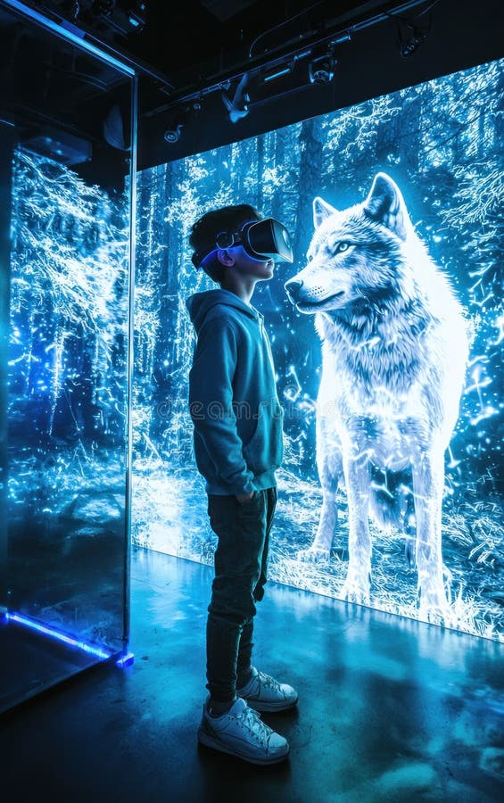 Boy Wearing VR Headset Interacting with a Digital Wolf in a Virtual ...
