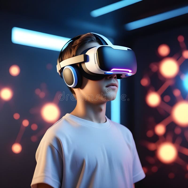 A Boy Wearing VR Headset User. Surreal World and Virtual Reality Stock ... A Boy Wearing VR Headset User. Surreal World and Virtual Reality Stock ...