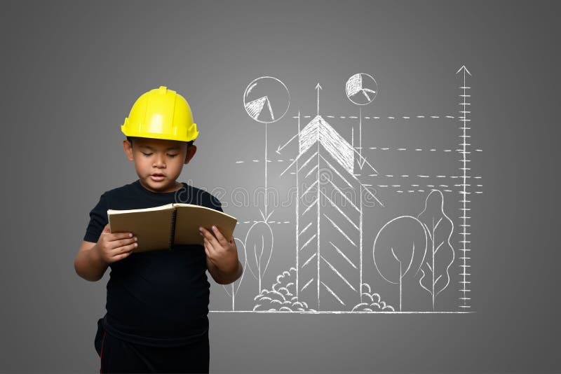 A Boy Wearing a Yellow Engineer Hat and a House Plan on a Blackboard ...