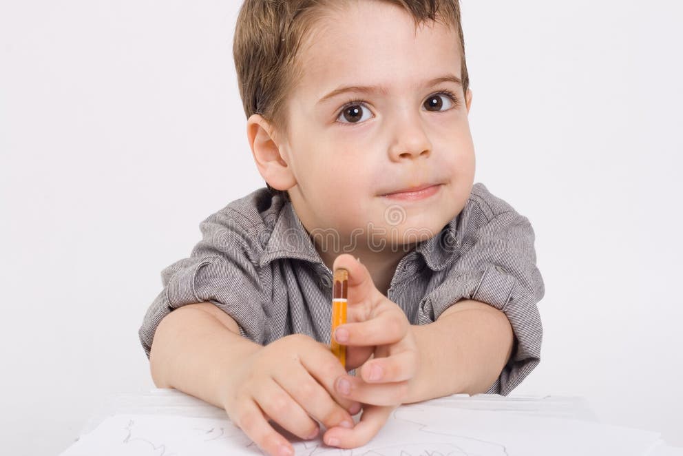 Boy Which Drawing of Pencil Stock Photo - Image of thinking, white ...