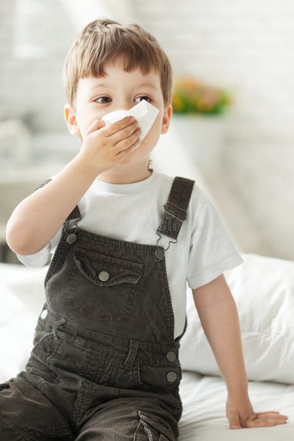 Boy Wipes His Nose with a Tissue Stock Image - Image of little, fever ...
