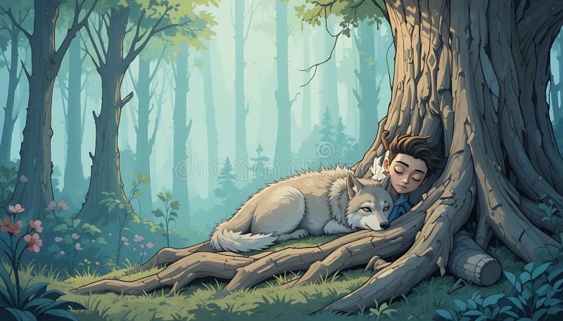 Boy and Wolf Sleeping Under Tree in Forest Illustration Art Stock ...