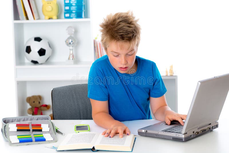 Boy is Working with Book and Computer Stock Image - Image of notebook ...