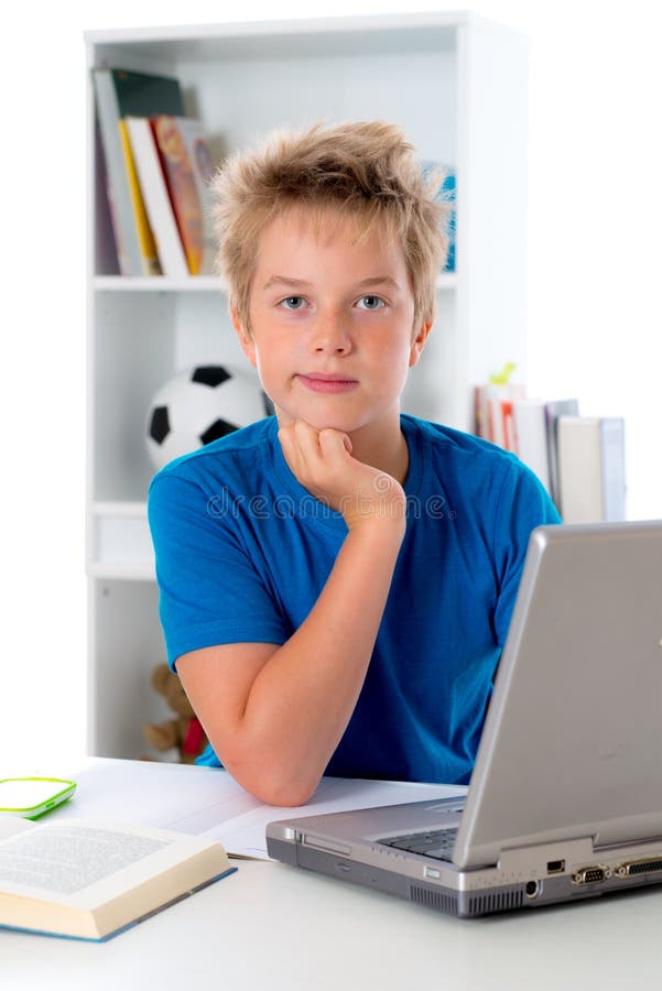 Boy is Working with Book and Computer Stock Photo - Image of home, cute ...
