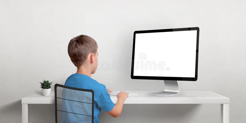Boy working with computer stock illustration. Illustration of cartoon ...