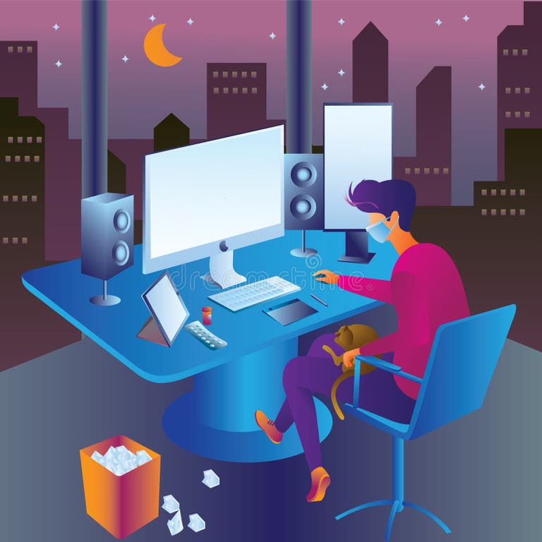 Late Night Computer Internet Work Concept Stock Illustrations – 250 ...