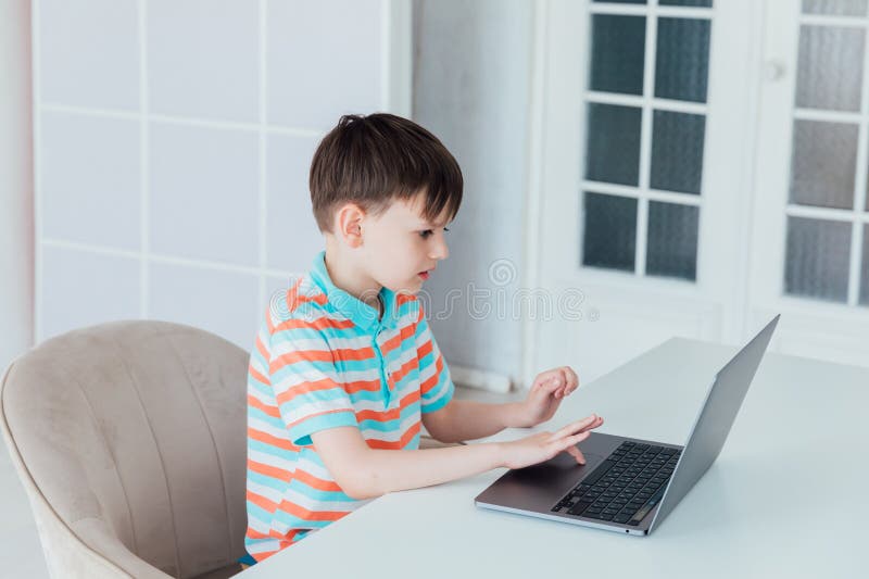 Boy Working Studying on Laptop Online at School Stock Image - Image of ...