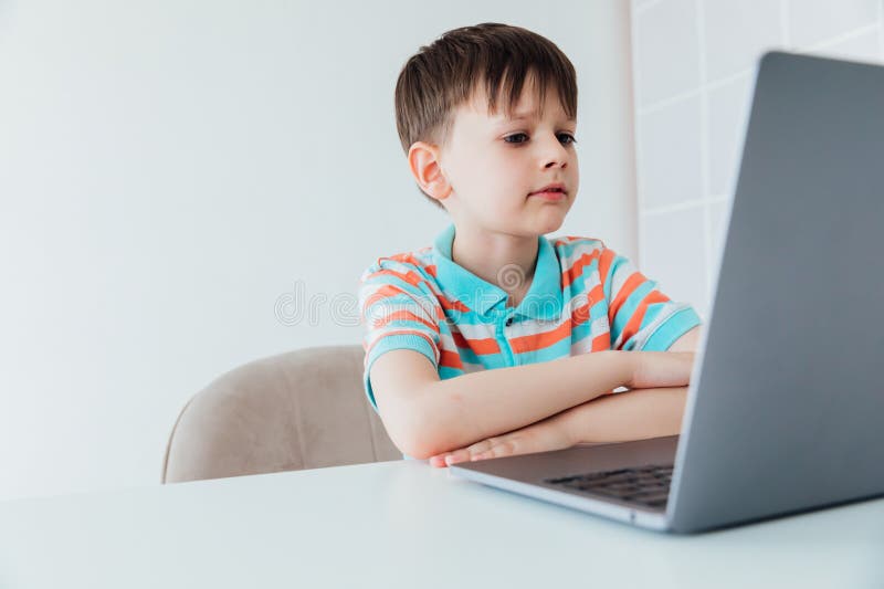 Boy Working Studying on Laptop Online at School Stock Photo - Image of ...