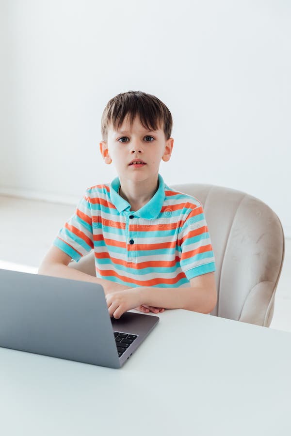 Boy Working Studying on Laptop Online at School Stock Photo - Image of ...