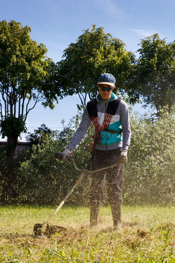 Boy working on a trimmer stock photo. Image of lawn, field - 25381176