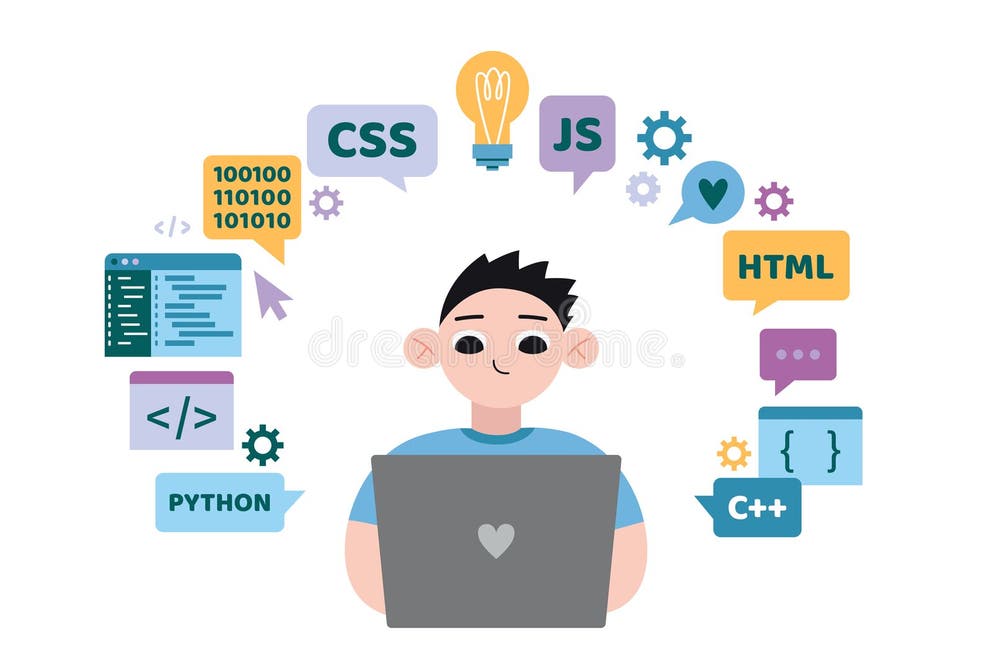 Boy Writes Code on Laptop, Programming Education for Children, Cartoon ...