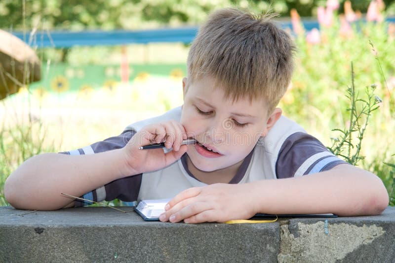 Boy Writes To Writing-books Stock Image - Image of person, schoolboy ...