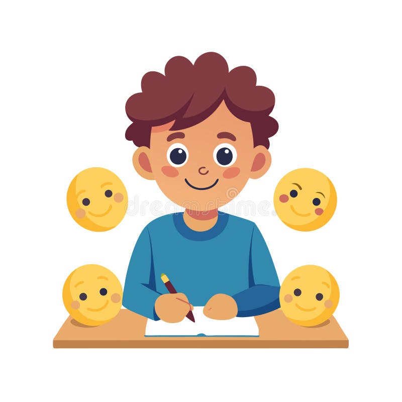 Boy Writing with Emoticons Floating Nearby, Representing Emotional ...