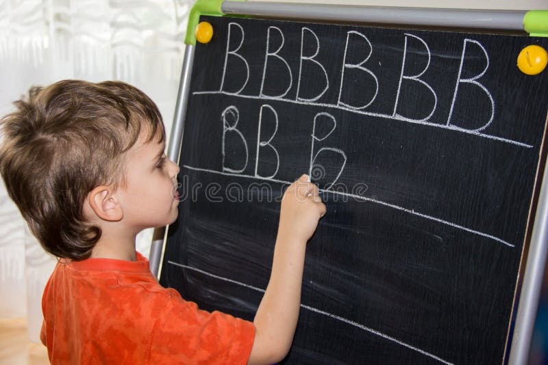 Boy Writing Letters Learning Procces Son Smart Child Stock Image ...