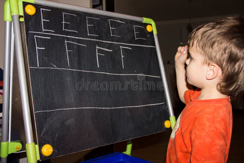 Boy Writing Letters Learning Process Knowledge of Small Child Stock ...