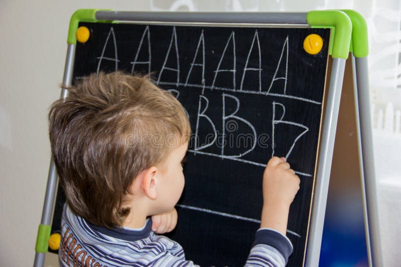 Boy Writing Letters Learning Process Knowledge of Small Child Stock ...