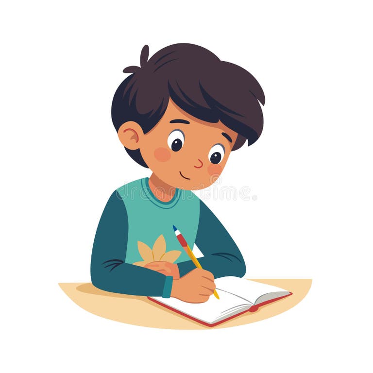 Boy Writing in Notebook, Cartoon Illustration for Education and ...