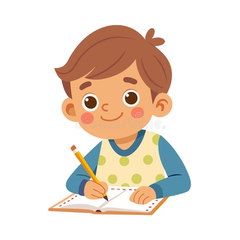 Boy Writing in Notebook - Cartoon Style Illustration for Education and ...