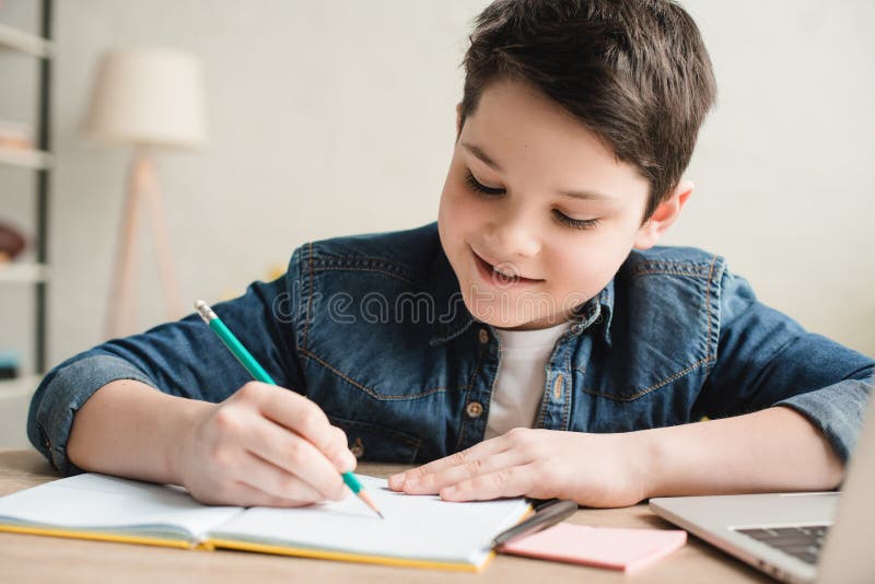 Boy Writing in Notebook while Sitting at Desk and Doing Homework Stock ...