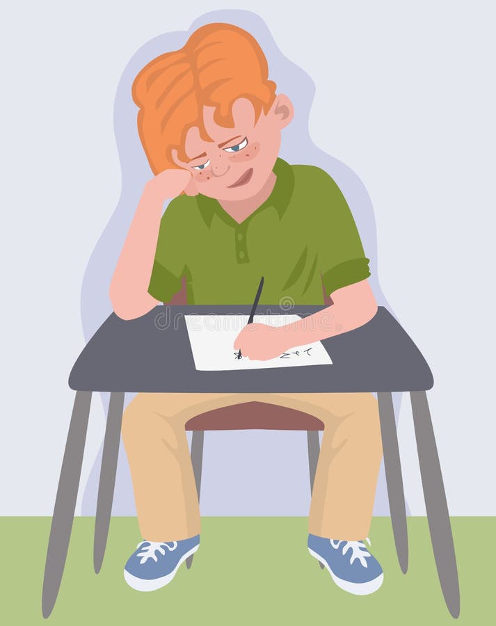 Boy writing at school desk stock vector. Illustration of vector - 63982471