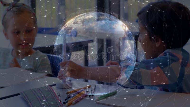 Boy Writing Tapping Peer Workbook Requesting Pencil in Class, Rotating ...