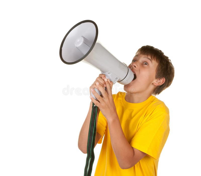 Boy yelling into megaphone stock image. Image of talking - 14166647