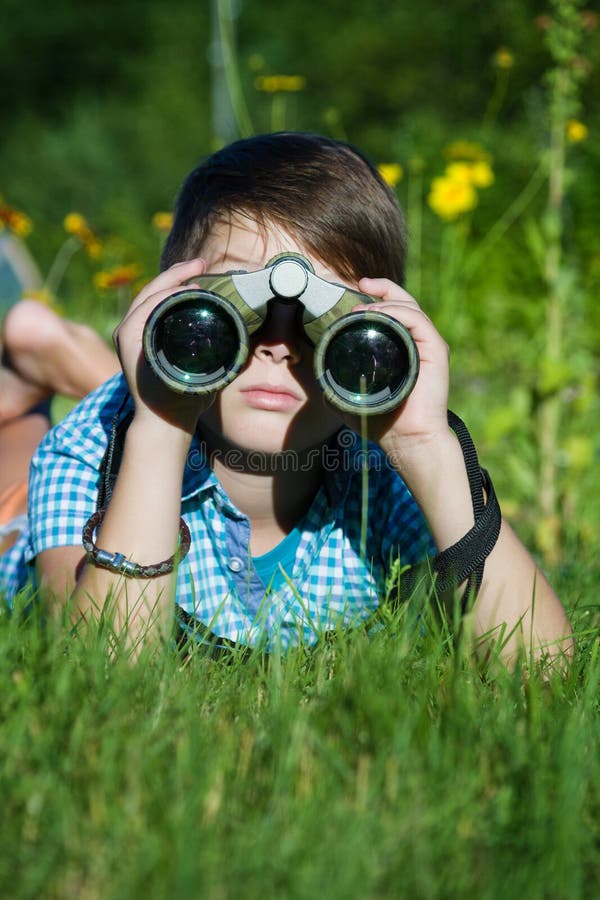 Boy Young Researcher Exploring with Binoculars Environment in Green ...