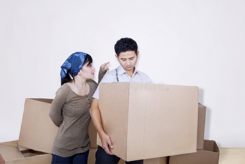Boyfriend Bring Box on White with Angry Girlfriend Stock Photo - Image ...