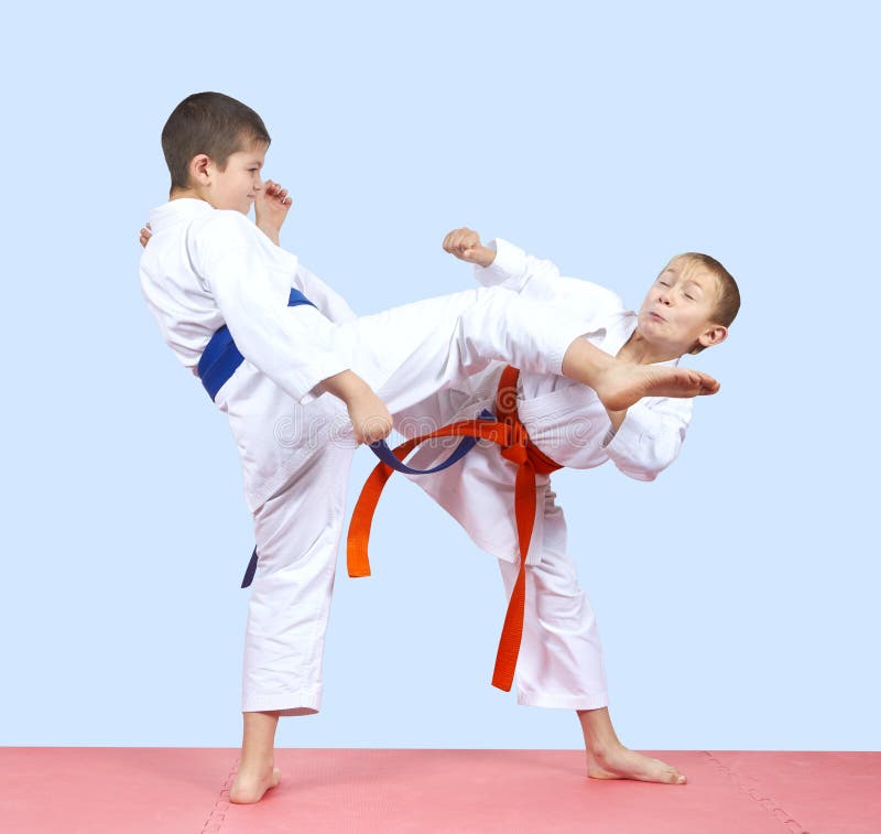 On the Red and Blue Tatami Karate Brothers are Beating Kick Leg Stock ...