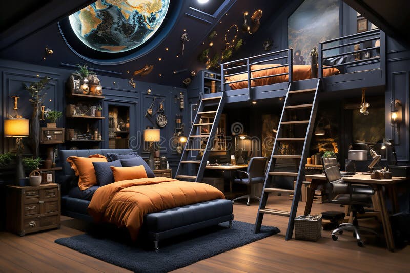 Boys Bedroom Design in Blue, Space Theme.Generative AI Stock Photo ...