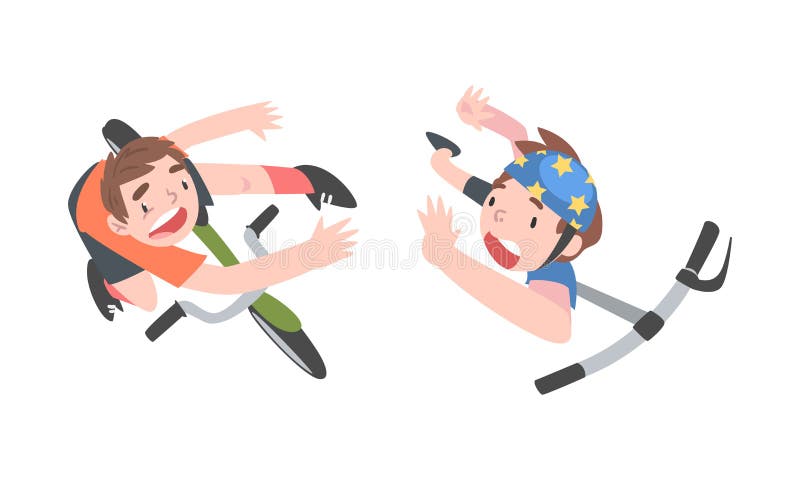 Boys Falling Down from Kick Scooter and Bicycle, Top View Cartoon ...