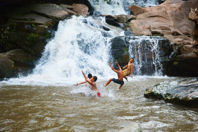 Boys Funny Waterfall editorial stock photo. Image of emotion - 44269068