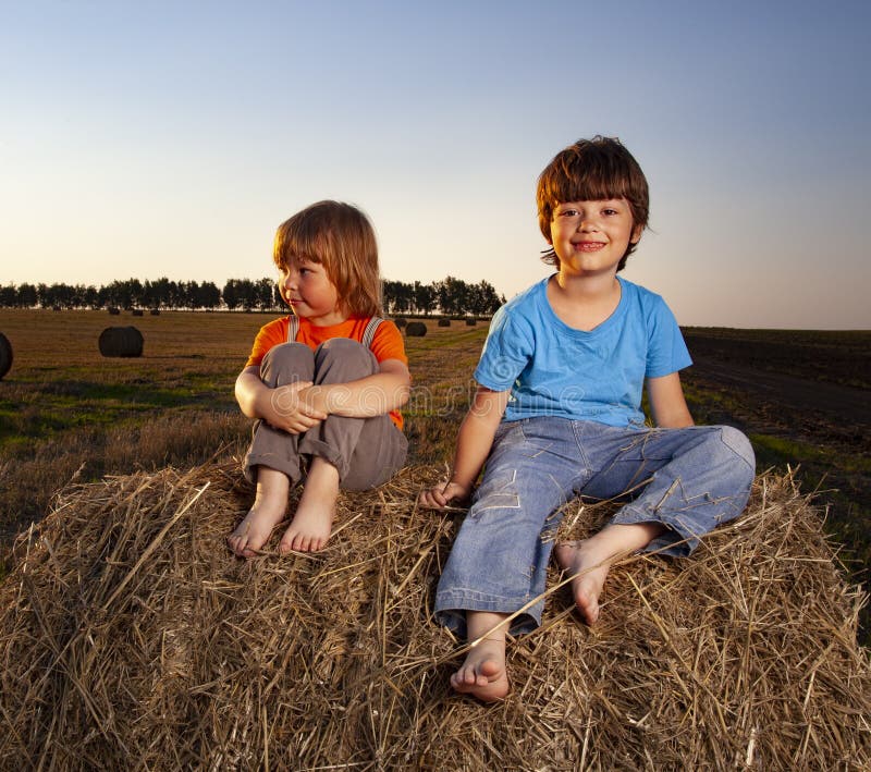 2 Boys in a Haystack in the Field in Summer Stock Image - Image of ...