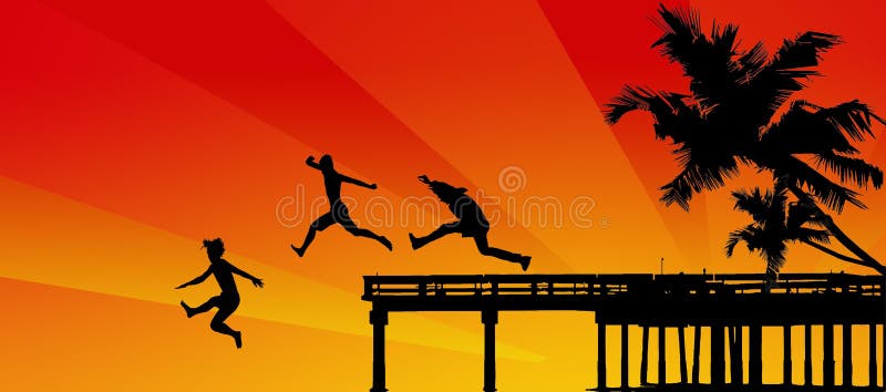 Boys Jumping from Pier into the Sea Stock Illustration - Illustration ...