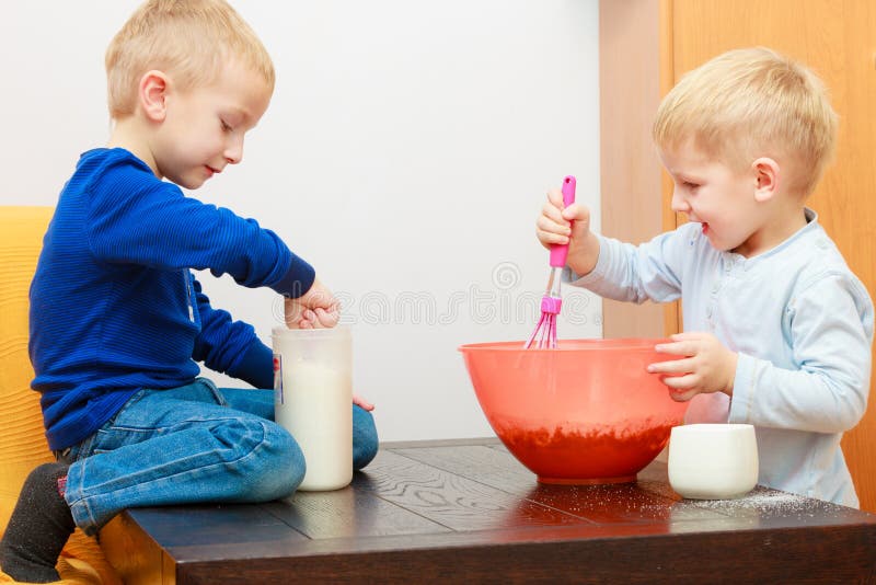 Boys Kids Baking Cake. Children Beating Dough with Wire Whisk. Stock ...