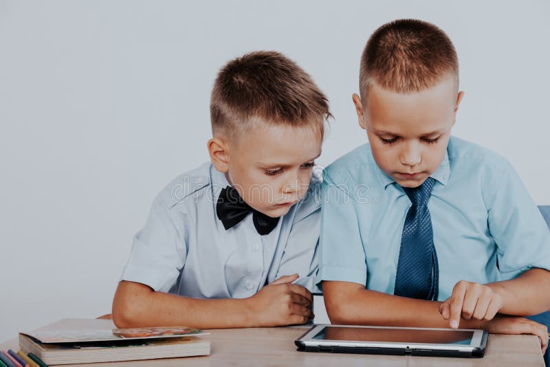 Boys Learn Lessons Internet Tablet School Classroom Stock Image - Image ...
