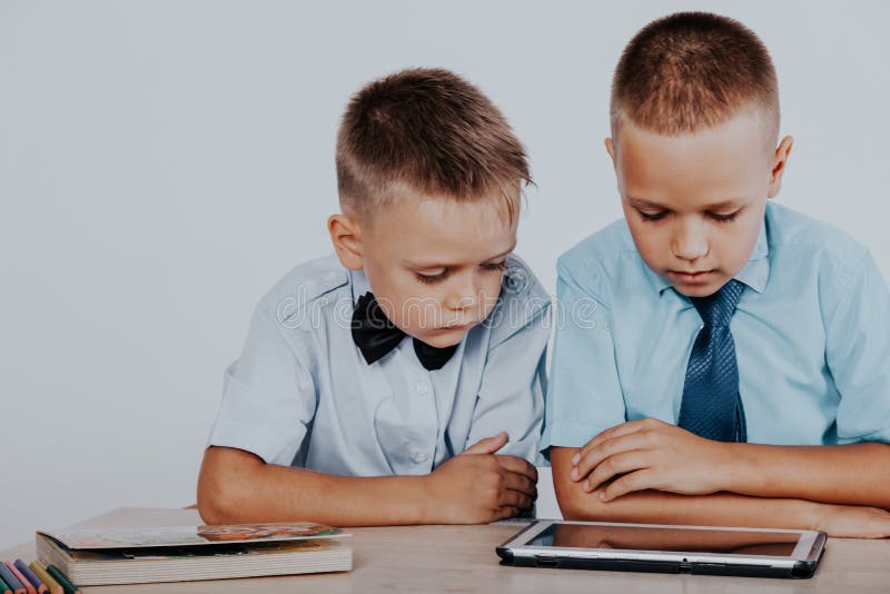 Boys Learn Lessons Internet Tablet School Lesson Stock Photo - Image of ...