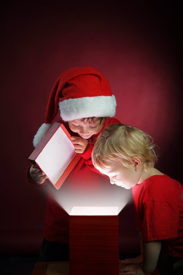 Boys Open Christmas Gift-box Stock Photo - Image of person, family ...