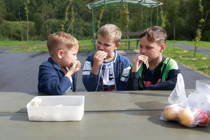 Boys on picnic in park stock image. Image of breakfast - 195565967