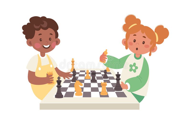 Boys Play Chess on Chessboard Stock Vector - Illustration of pawns ...