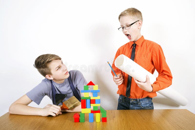 Boys Play in Construction of the House. Construction Concept. Stock ...